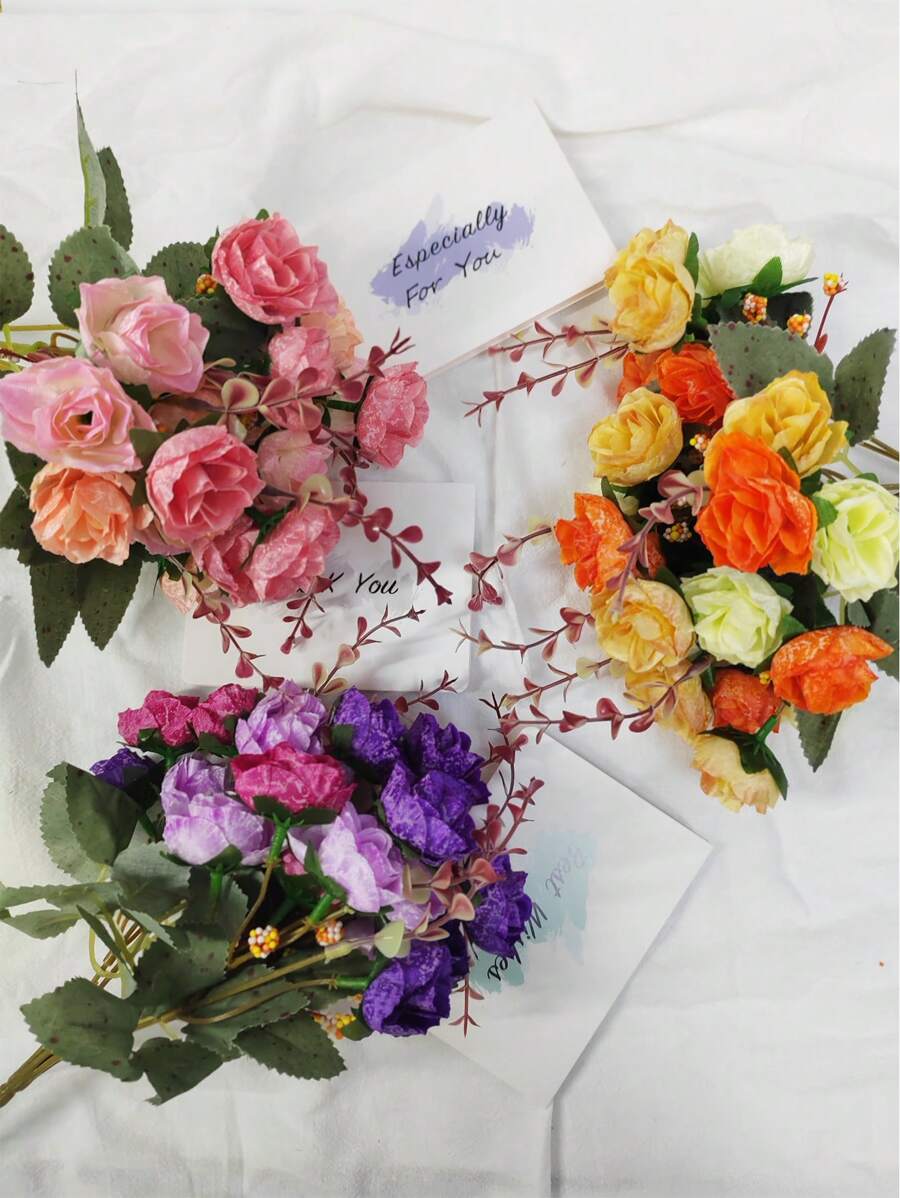 1pc Artificial Silk Rose Flower Bouquet, Fake Flower Floral Decor For ...