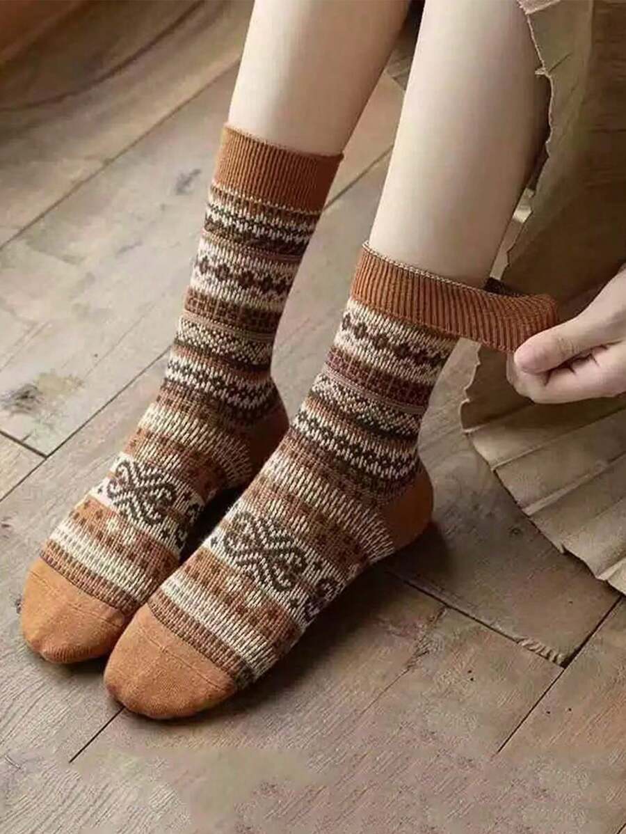 5 Pairs Retro National Style Mid-Calf Socks For Women, High Elasticity ...