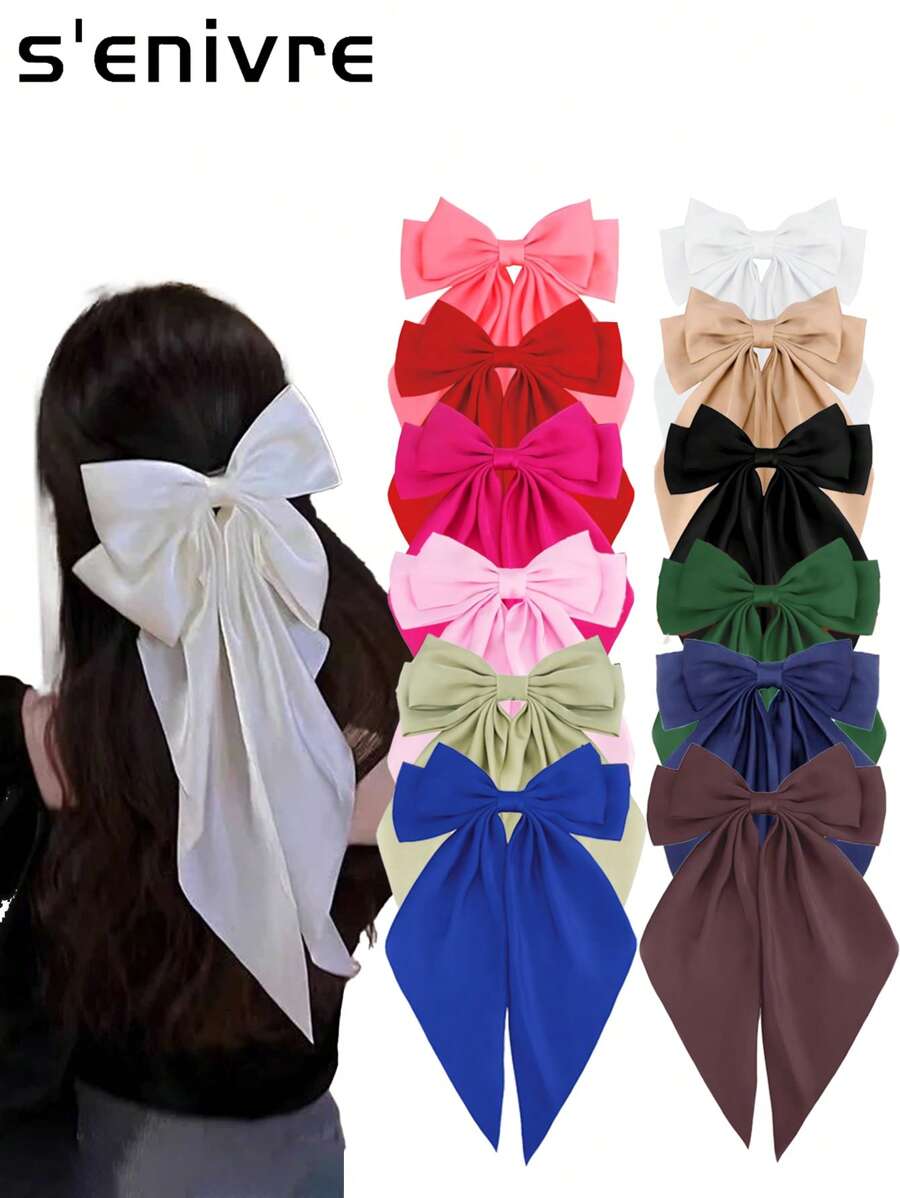 12pcs Elegant Satin Bow Hair Clips With Tassels - Large Metal Clip ...