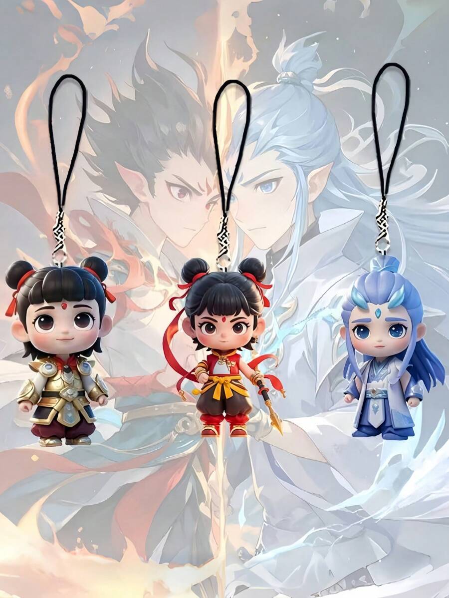 3pcs Nezha Pendant, Cartoon Character Plush Keychain, Nezha And Ao Bing ...