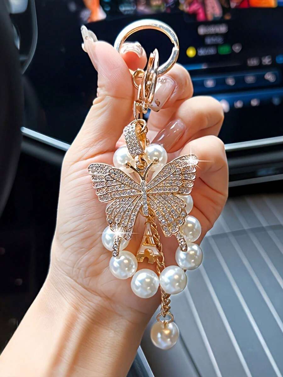 New Pearl String Keychain Alloy Butterfly Keychain Exquisite Car ...