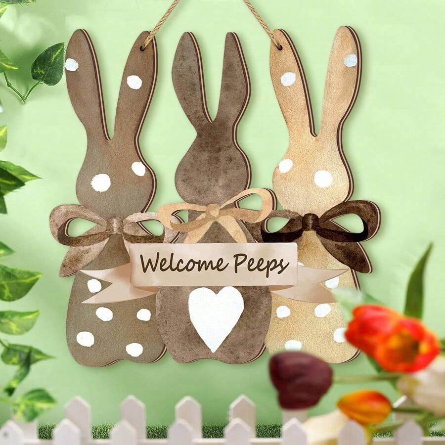 1Pc Easter Bunny Wooden Wall Hanging Plaque Sign Welcome Door Sign ...