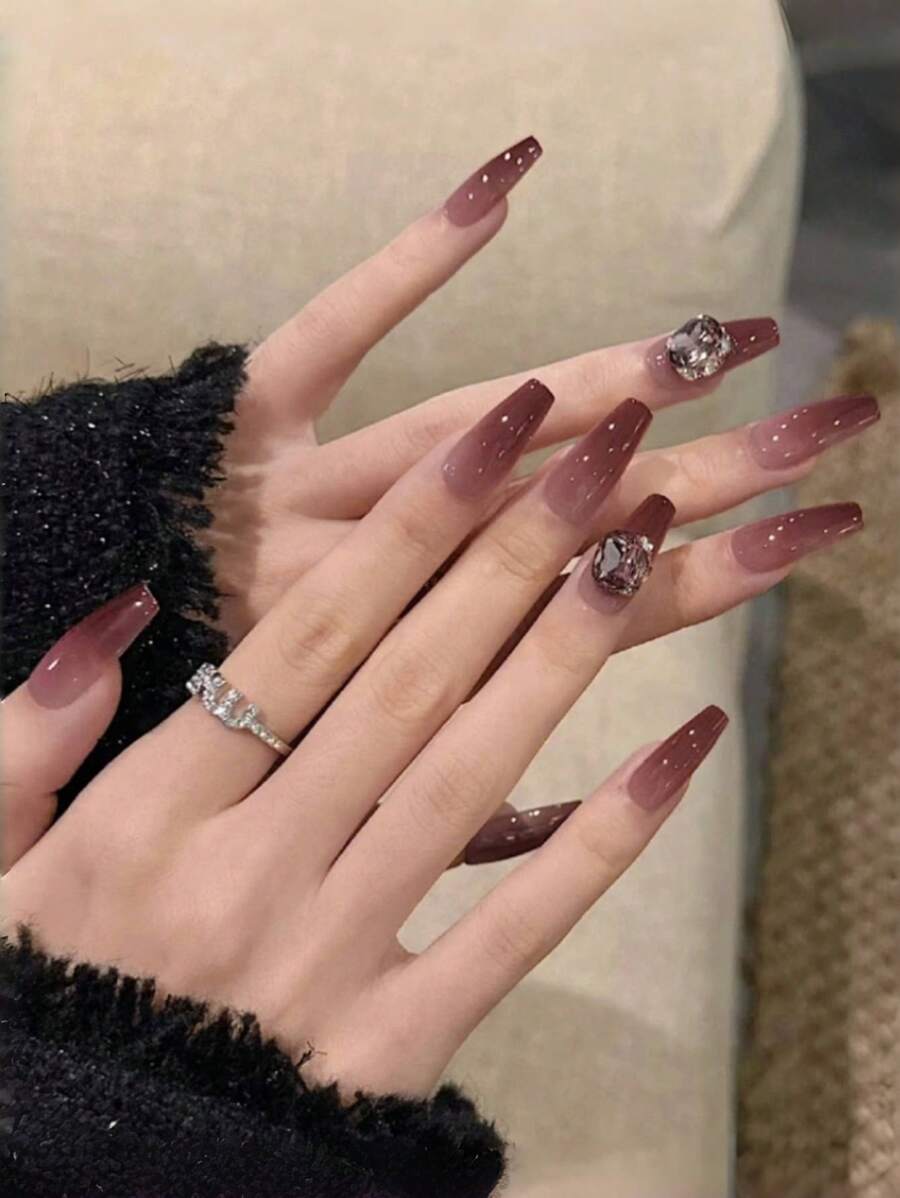 10 Pcs Phototherapy Handmade Cinnabar Blush Square Drill Nail Piercing Caramel Autumn And Winter