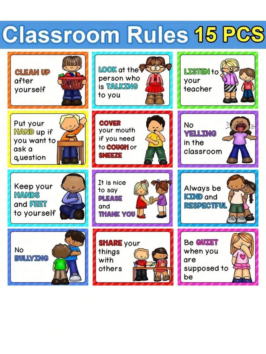 15pcs A4 Size Classroom Rules Poster - Preschool Class Rules Poster ...