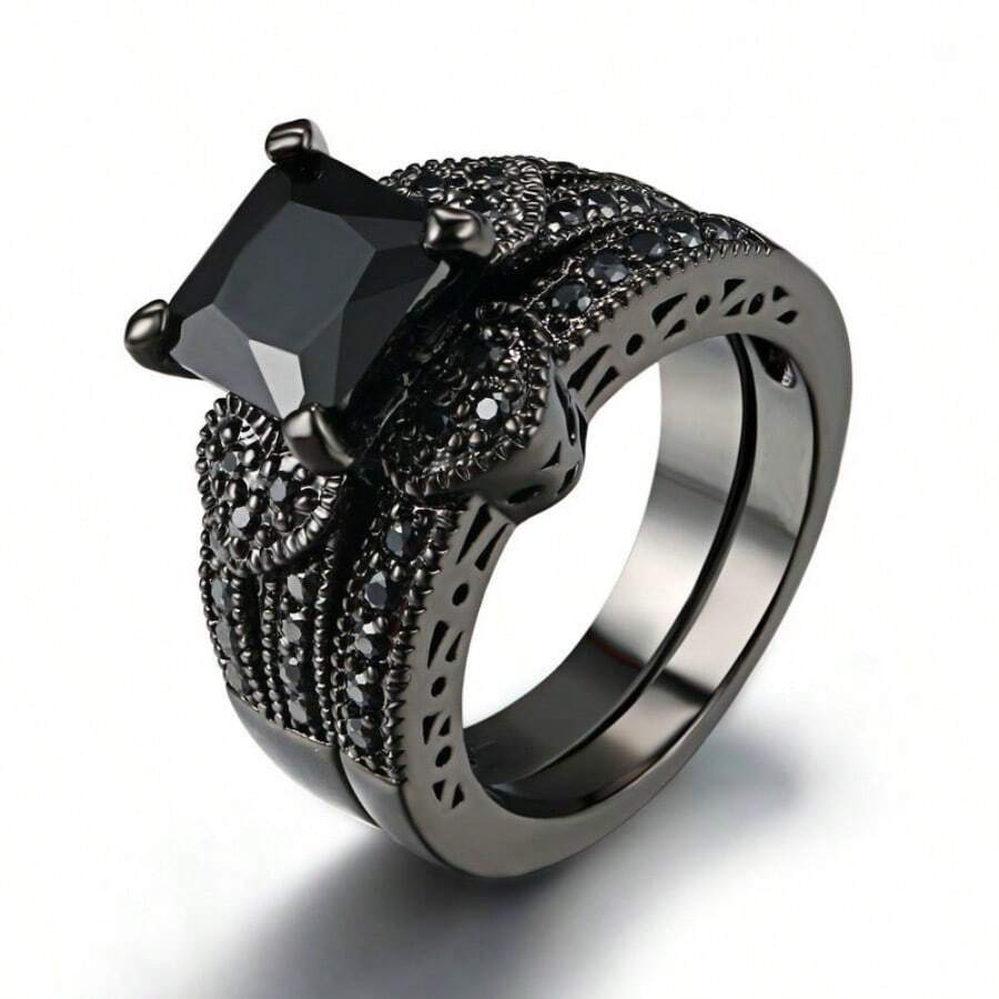 2pcs/Set Women's Engagement Rings, Fashionable Luxury Black Alloy Rings ...