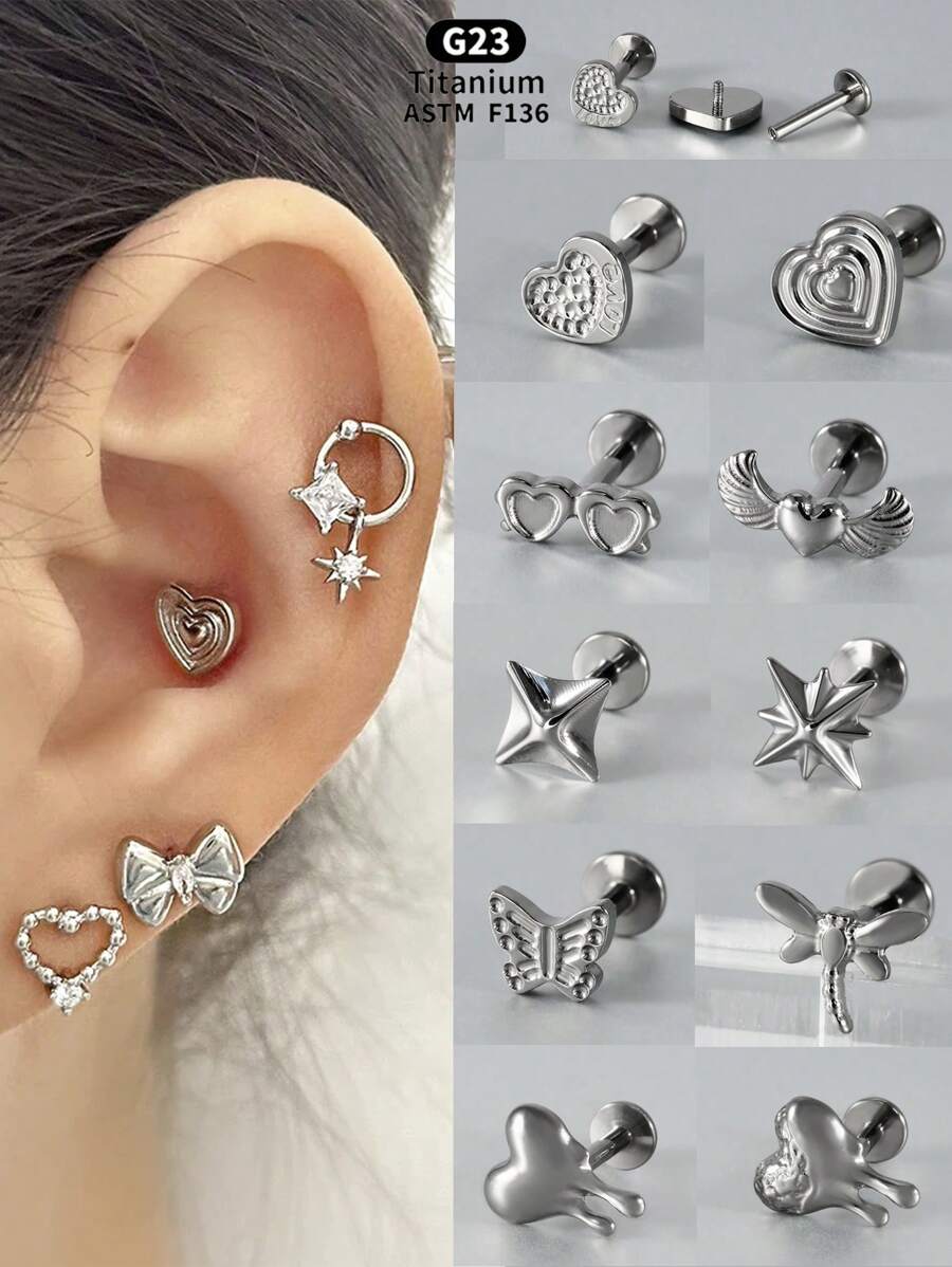 1 pieza Arete de titanio con rosca interna con diseño de corazón, ala ...
