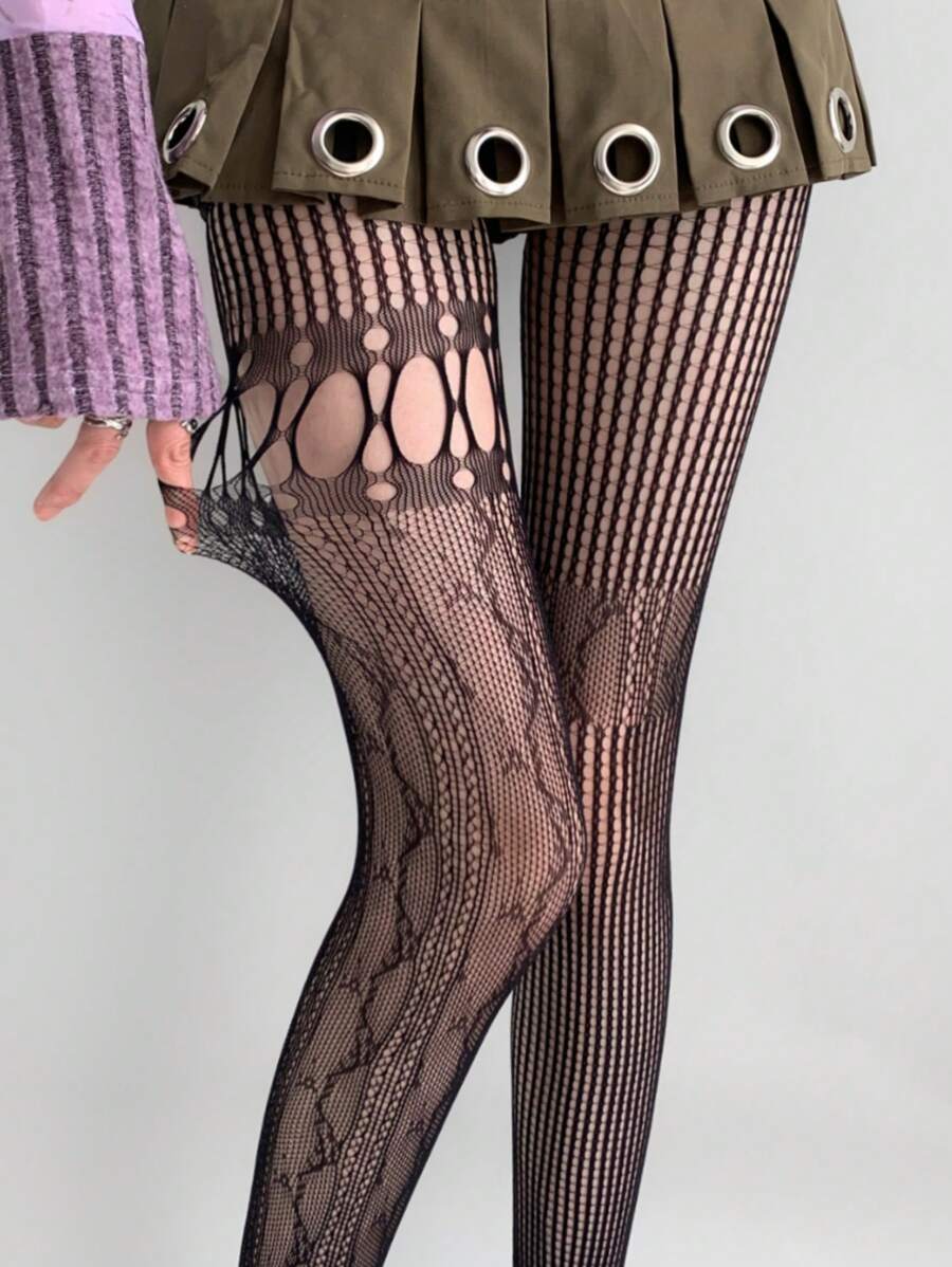 1pc Women's White Hollow Out Fishnet Stockings Vertical Striped Pantyhose, Sexy Style Suitable ...