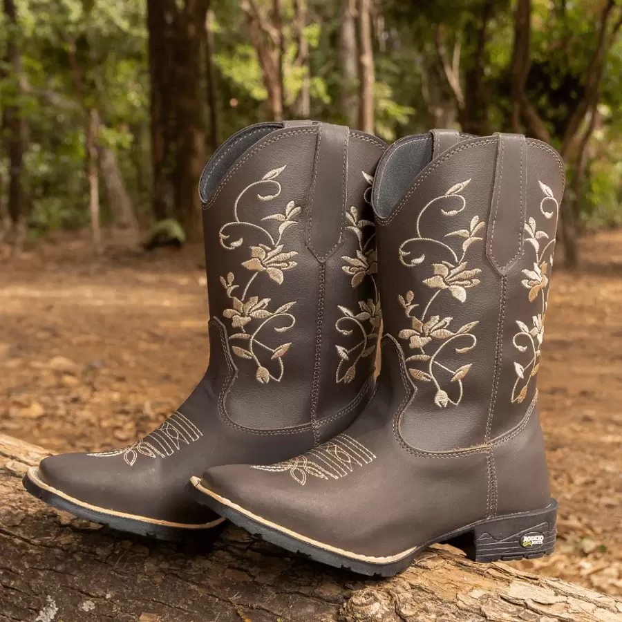 Bota Texana Bordada Floral Bege Rustica Feminina Bota western Bota ...