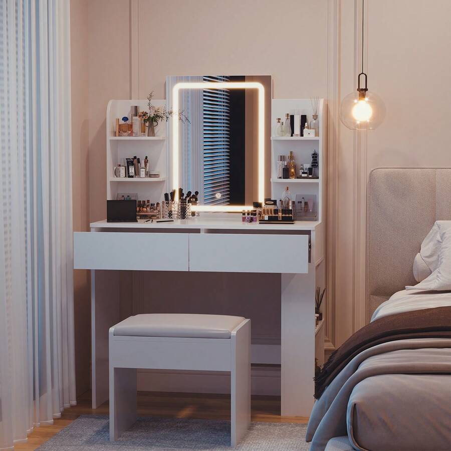 DEVOKO Dressing Table Vanity Desk With LED Mirror And Adjustable Lights ...