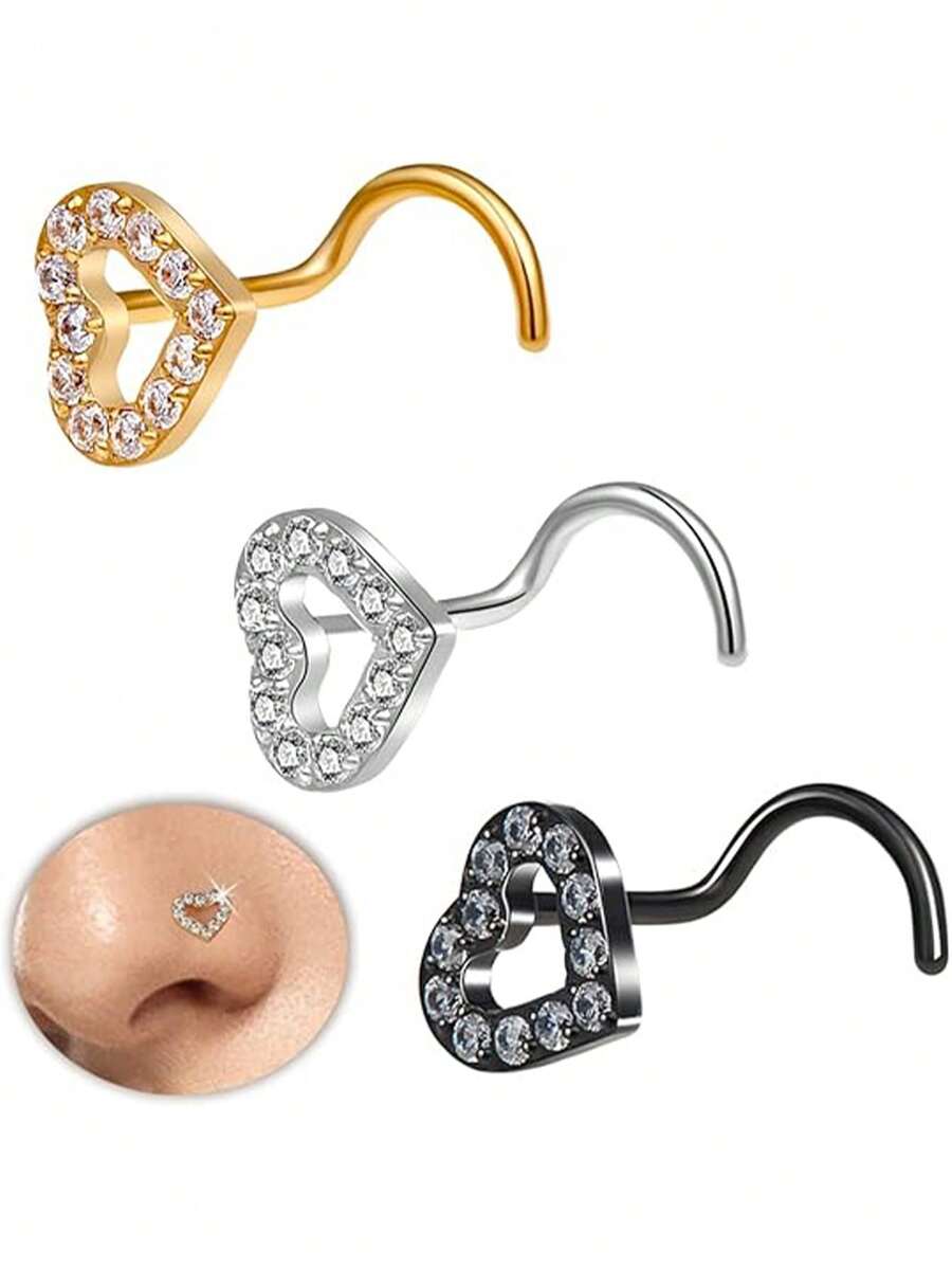 3PCS 20G Nose Studs For Women. Delicate Heart-Shaped CZ Nose Studs ...
