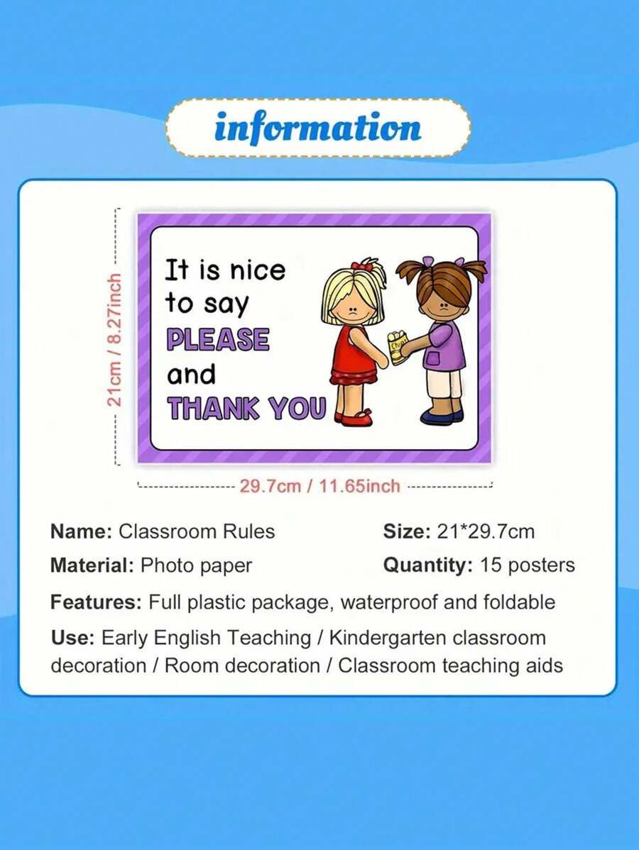 15pcs A4 Size Classroom Rules Poster - Preschool Class Rules Poster ...