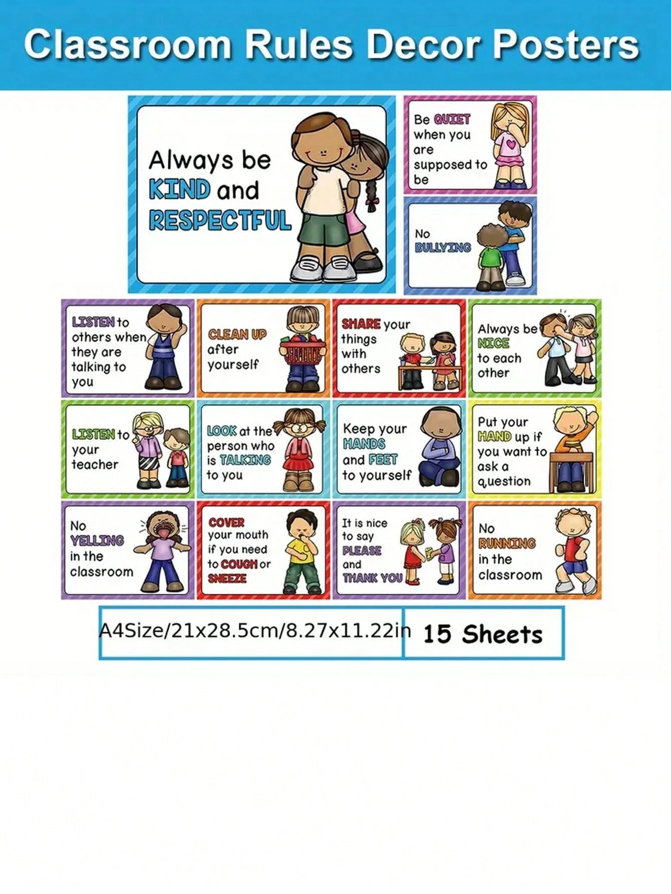 15 piezas Póster de Reglas del Aula Tamaño A4 - Póster de Reglas de la ...