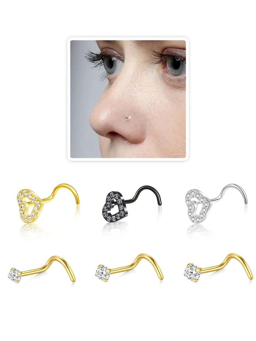 3PCS 20G Nose Studs For Women. Delicate Heart-Shaped CZ Nose Studs ...