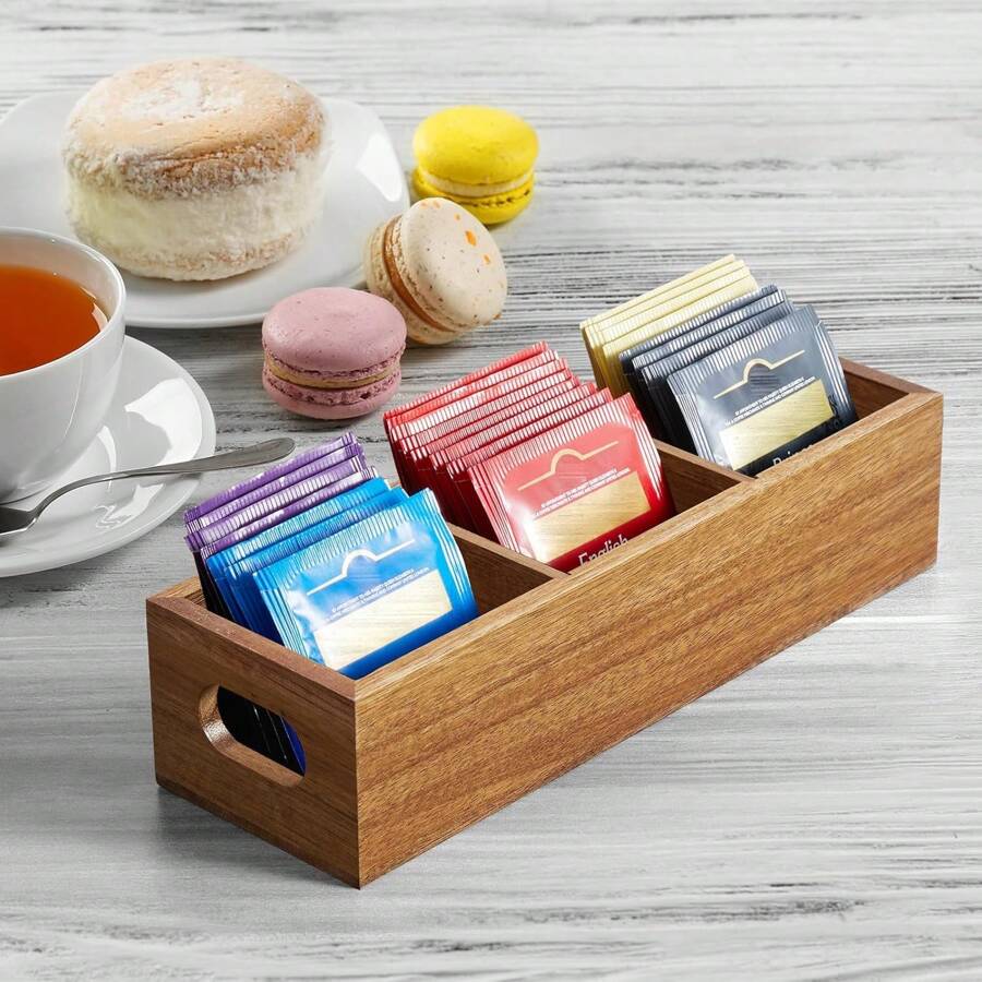 Tea Bag Organizer, Wooden Tea Bag Holder, White Tea Bag Chest With 3 ...