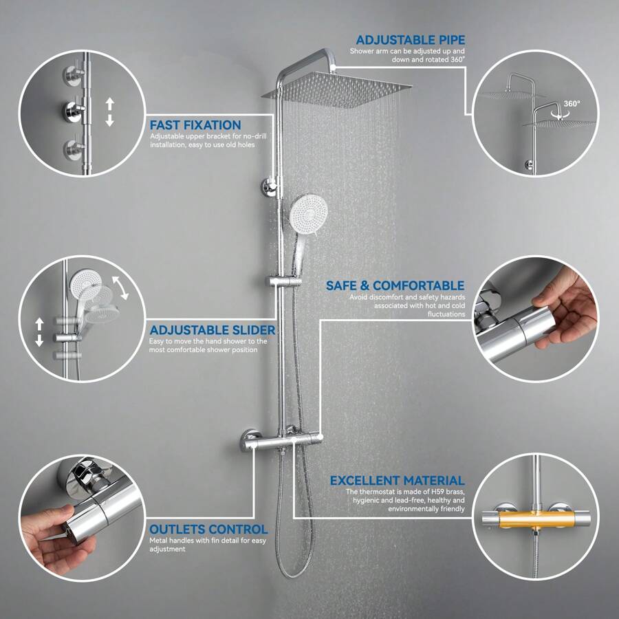 Système de douche DERW Max avec thermostat, pommeau de douche à effet ...