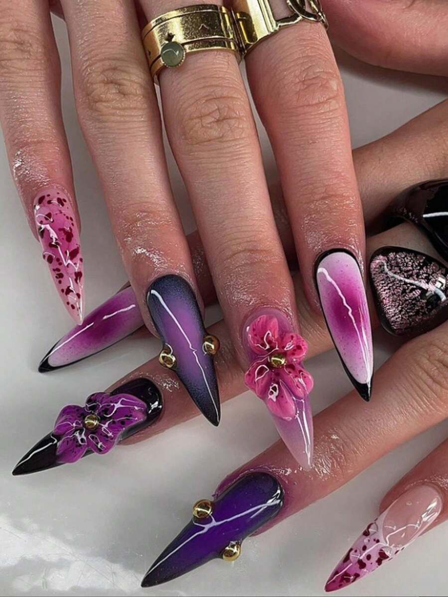 Handmade Nails 3D Nails 3D Flower Nails Stiletto Press On Nails False ...