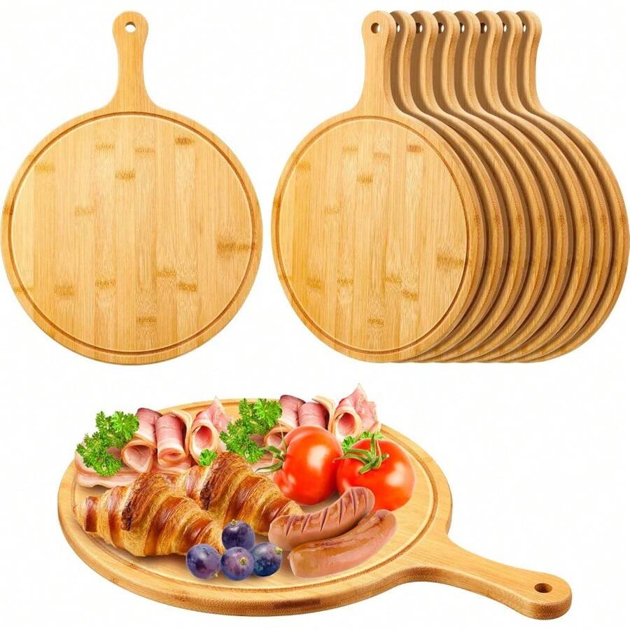 10 Pcs Round Wood Cutting Board With Handle Acacia Bamboo Wooden ...
