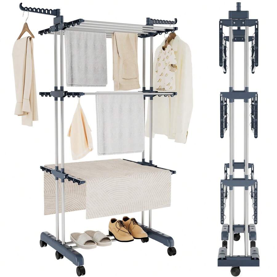 Upgrade 4 Tier Clothes Drying Rack, Indoor Folding Clothes Airer 18M ...