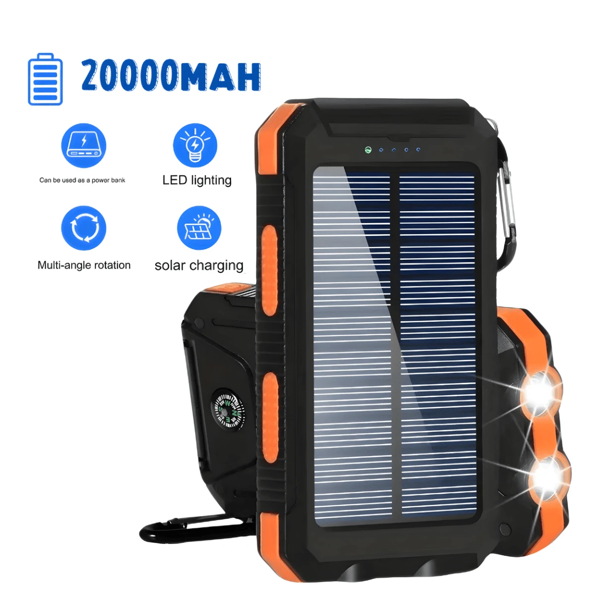 20000mAh Portable Power Bank - Solar Charger, Flashlight, Compass, USB ...