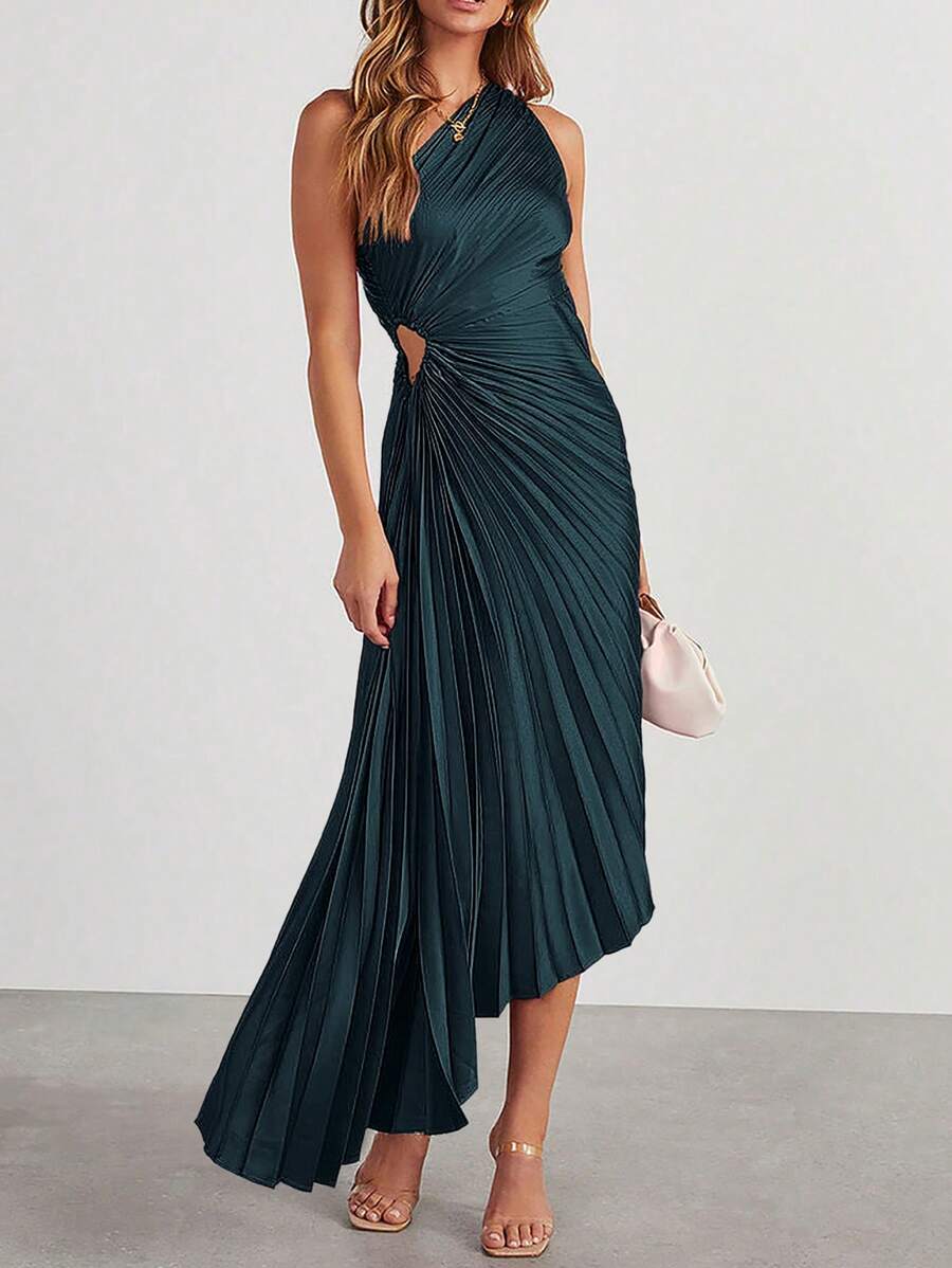 Solid Color Pleated Flared Asymmetric Shoulder Elegant Dress, Party ...