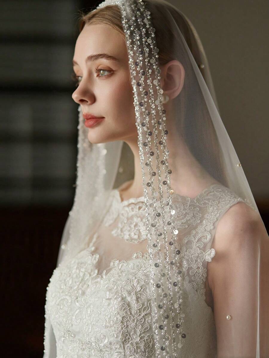 1pc Luxury Shiny Faux Pearl Bridal Veil, Wedding Veil, Beige Deluxe ...