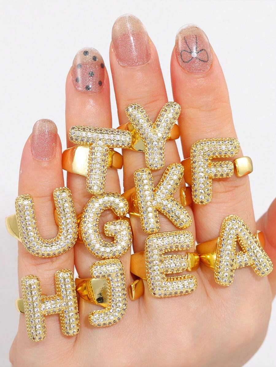 Bubble Cute 26 Letters Ring For Women Balloon Gold Plated Zirconia A-Z ...