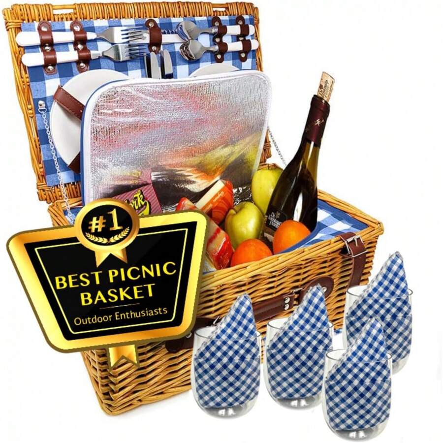 Sturdy Wicker Picnic Basket Set For 4 With Insulated Compartment, Blue ...