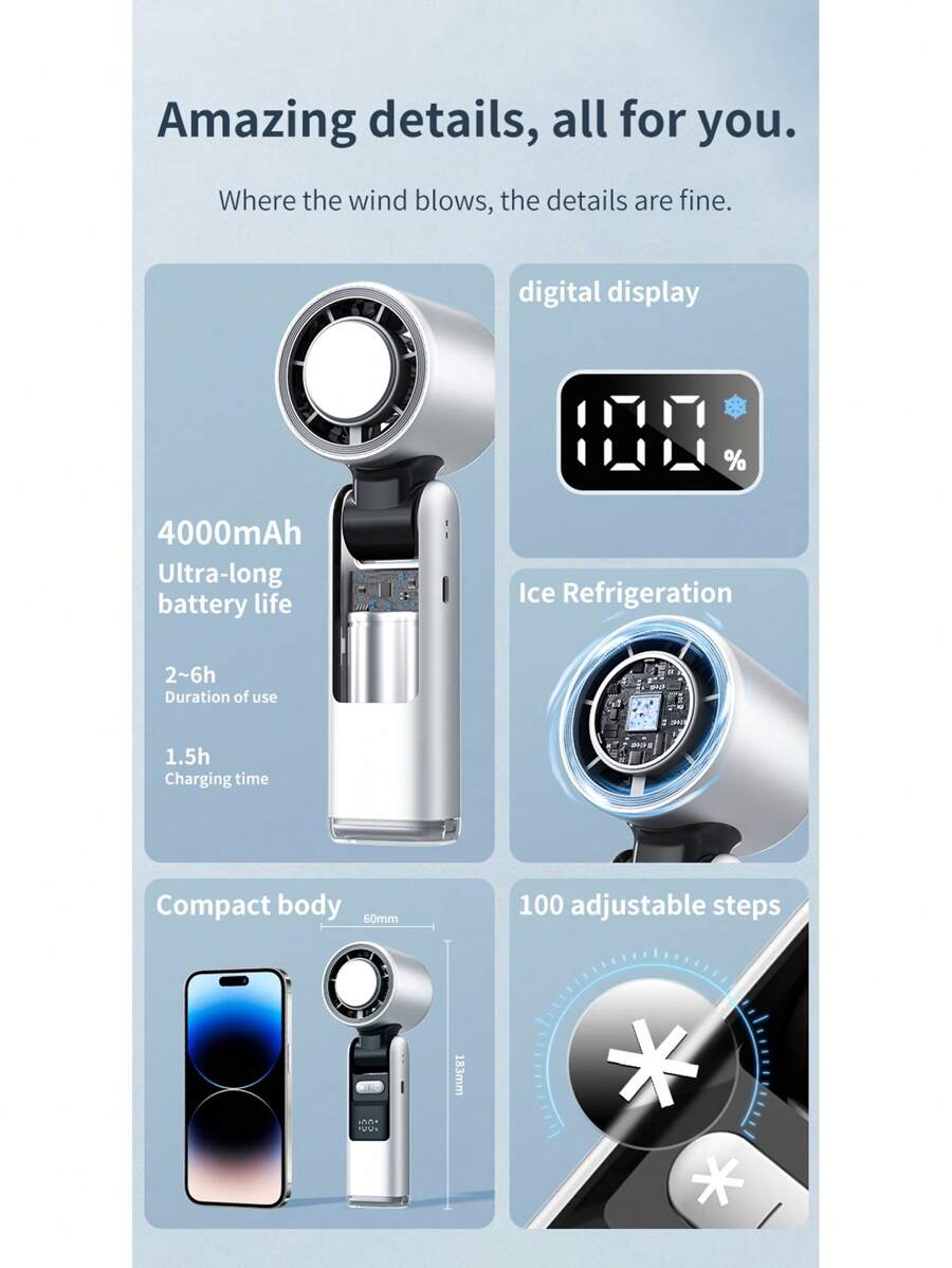 2025 New Handheld Bladeless Fan, USB Charging, Ultra-Quiet, Long ...