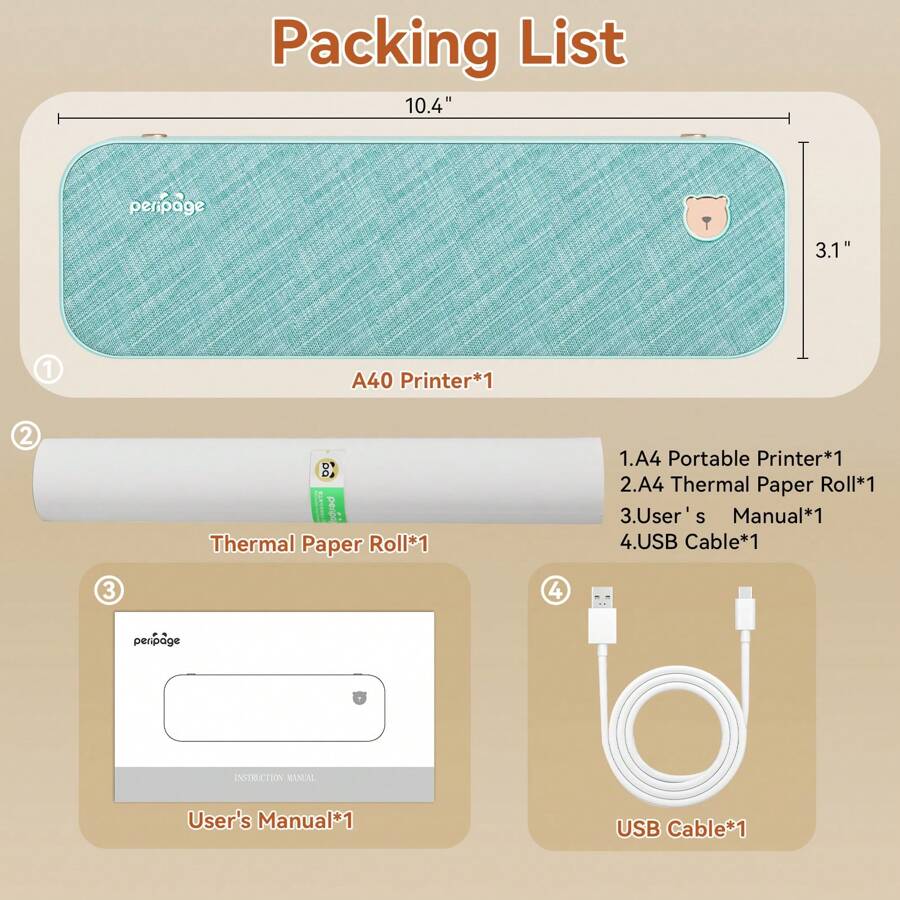 PeriPage Impresora PeriPage A40, impresora inalámbrica portátil, impresora térmica, tamaño A4 ...