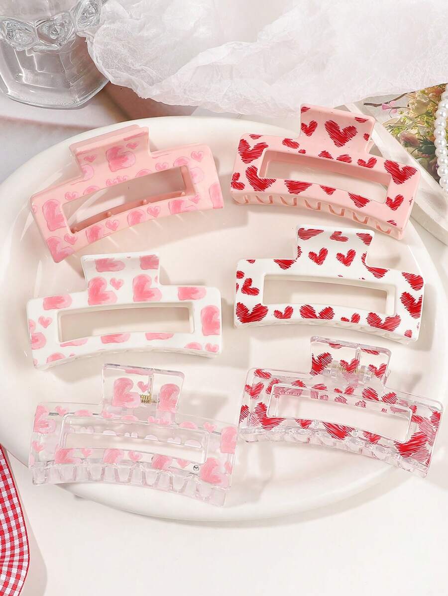 4pcs Valentine's Day Pink Heart Heat Transfer Print Hair Clips, Simple ...