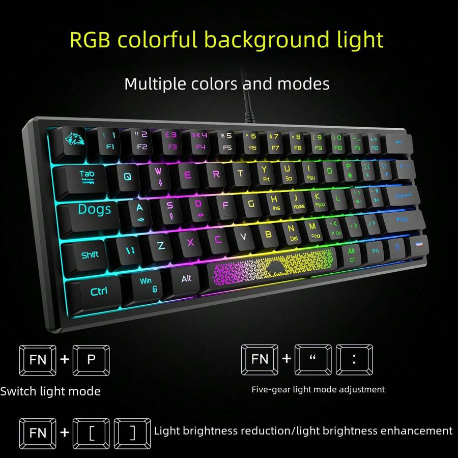 Free Wolf K61 RGB Gaming Keyboard, RGB Backlit Mini 60% Mechanical ...