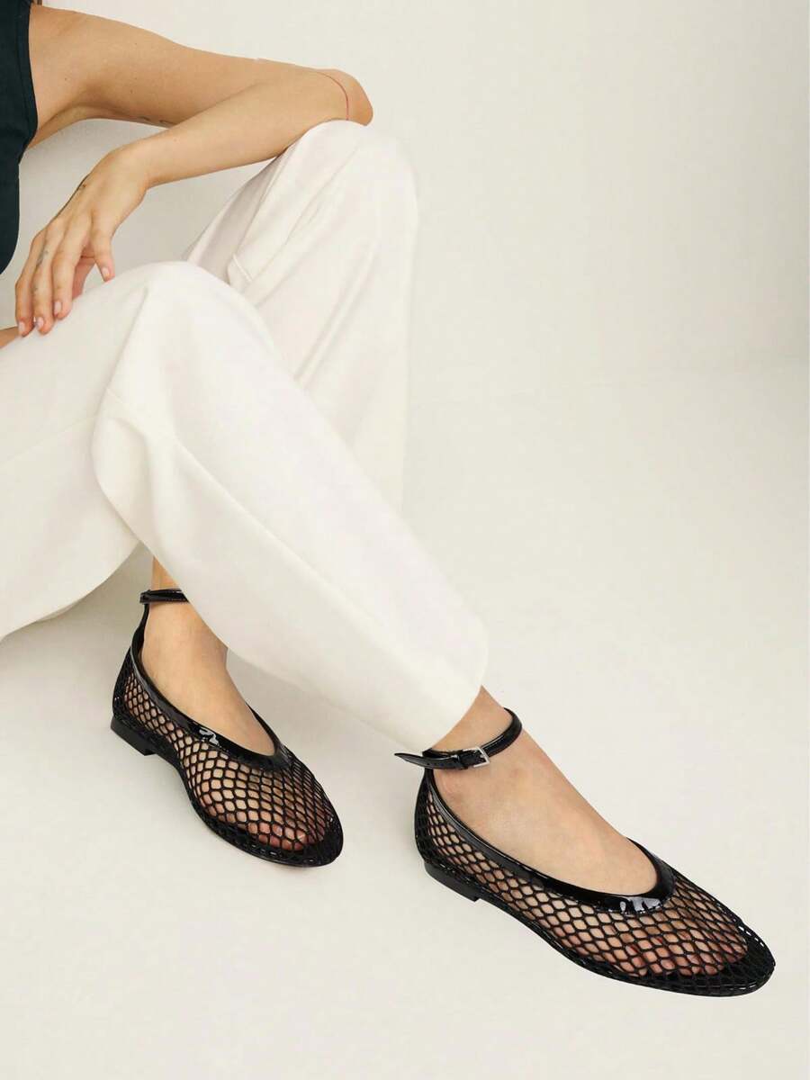 Women Mesh Cut Out Ballet Flats Ankle Strap Low Heel Round Toe Fishnet ...