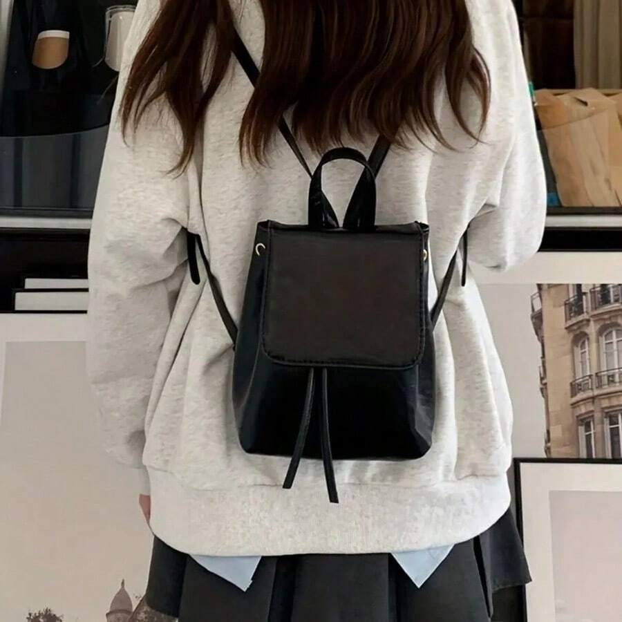 Small Drawstring Flap Backpack Women Mini PU Leather Textured School ...