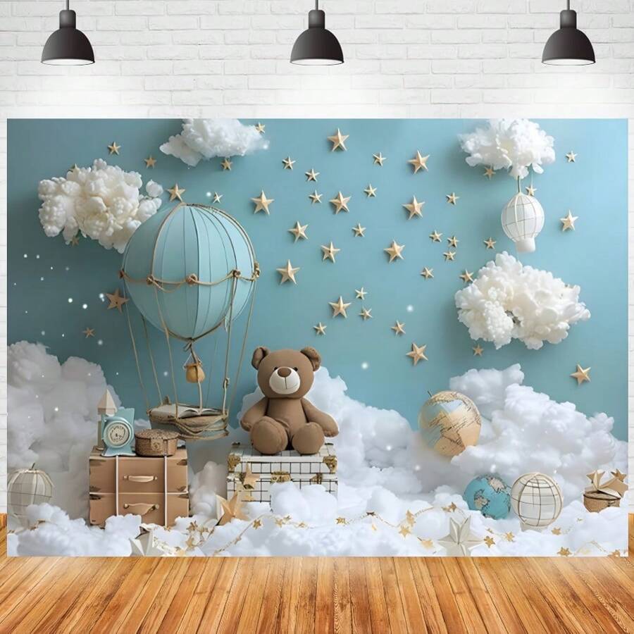 Blue Background Photo Booth, Hot Air Balloon & Bear Decoration, 1st ...