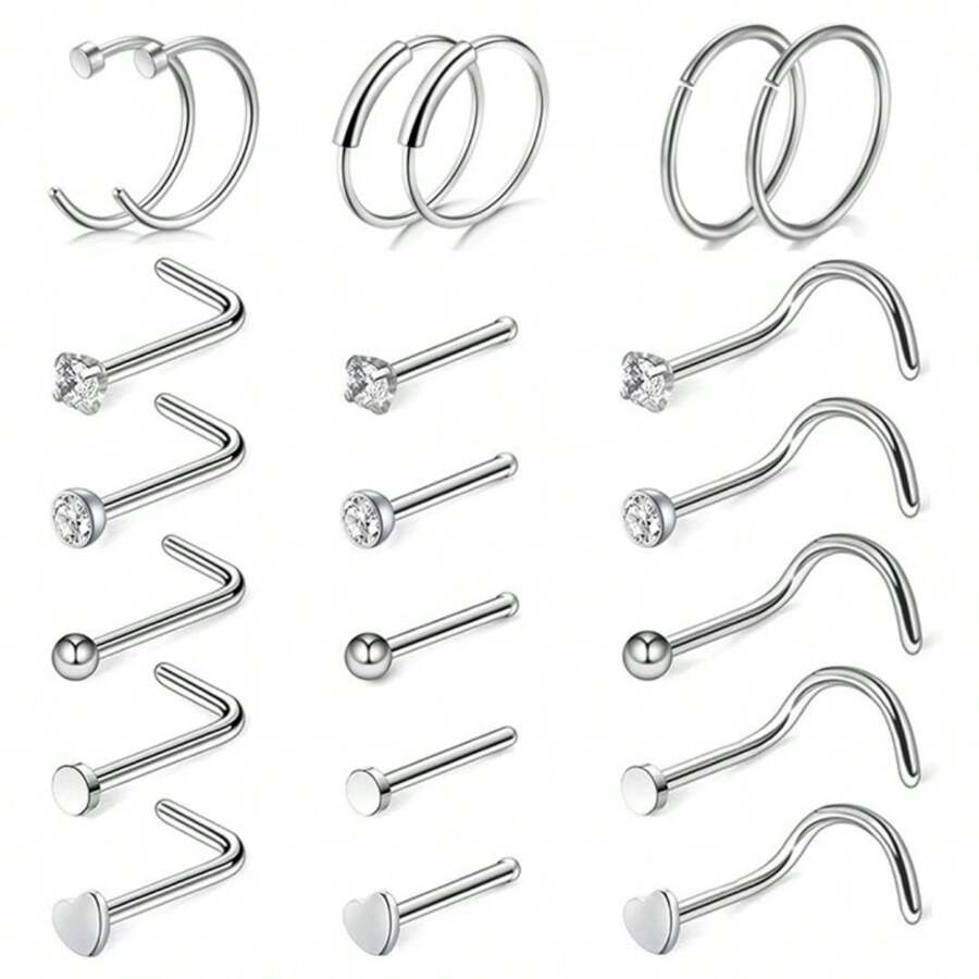 10/12/20/21 Pcs Hypoallergenic 316L Surgical Stainless Steel Nose Rings ...