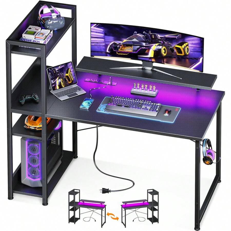 Reversible Gaming Desk With USB Charging Ports, LED Lights, 40 Inch ...