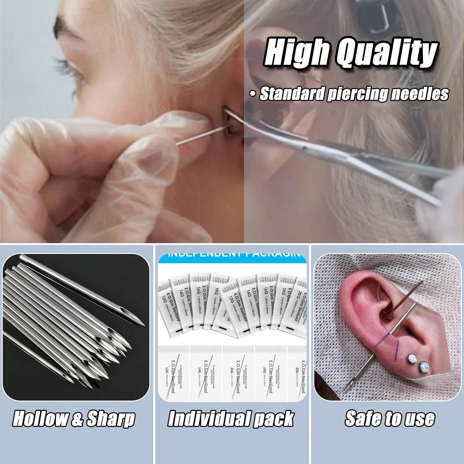 Kit de perforación corporal con agujas de perforación de acero inoxidable surtido de 12G, 14G ...