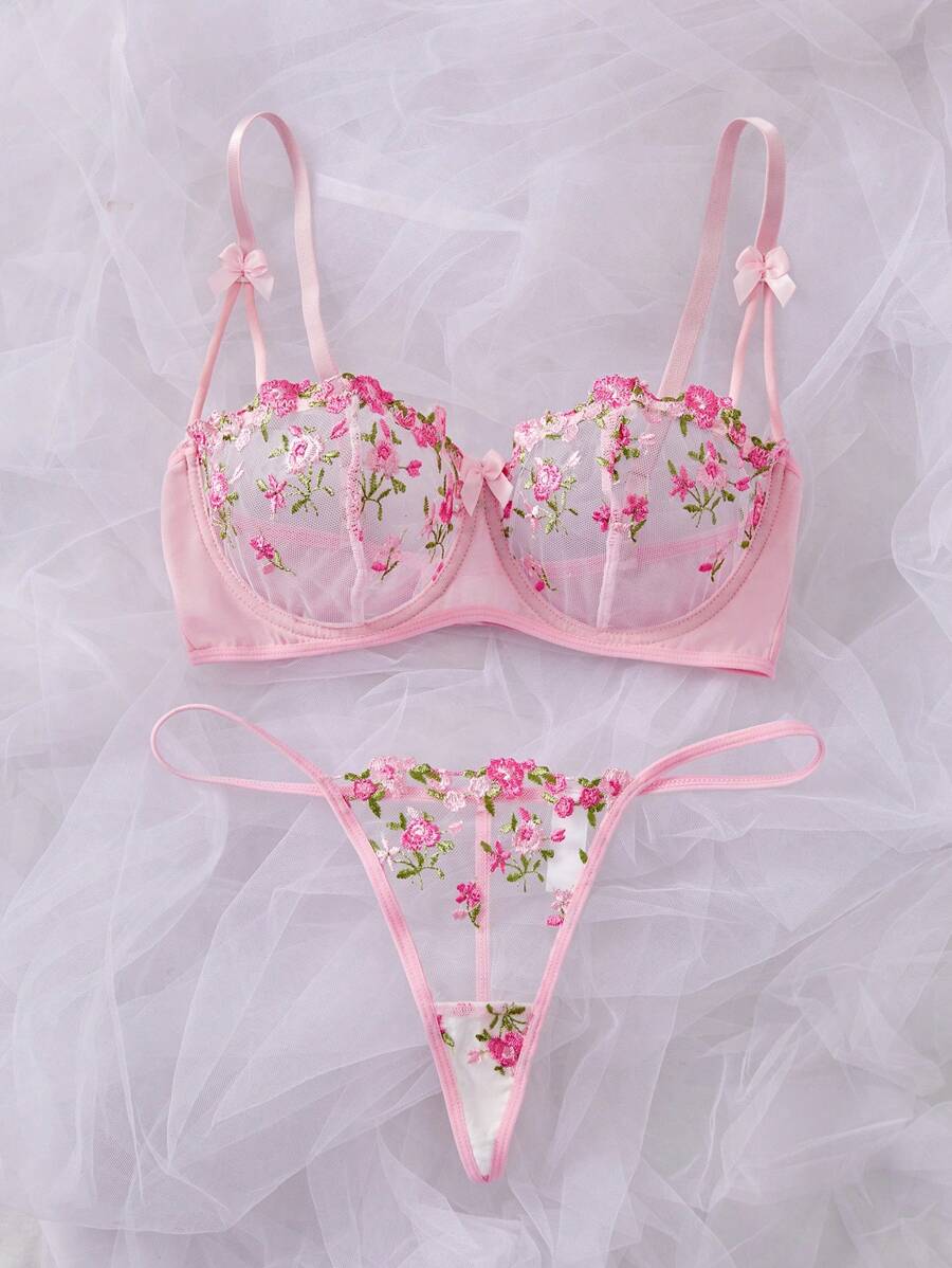 Women's Floral Embroidery Sheer Bra And Thong Lingerie Set, Sexy | SHEIN USA
