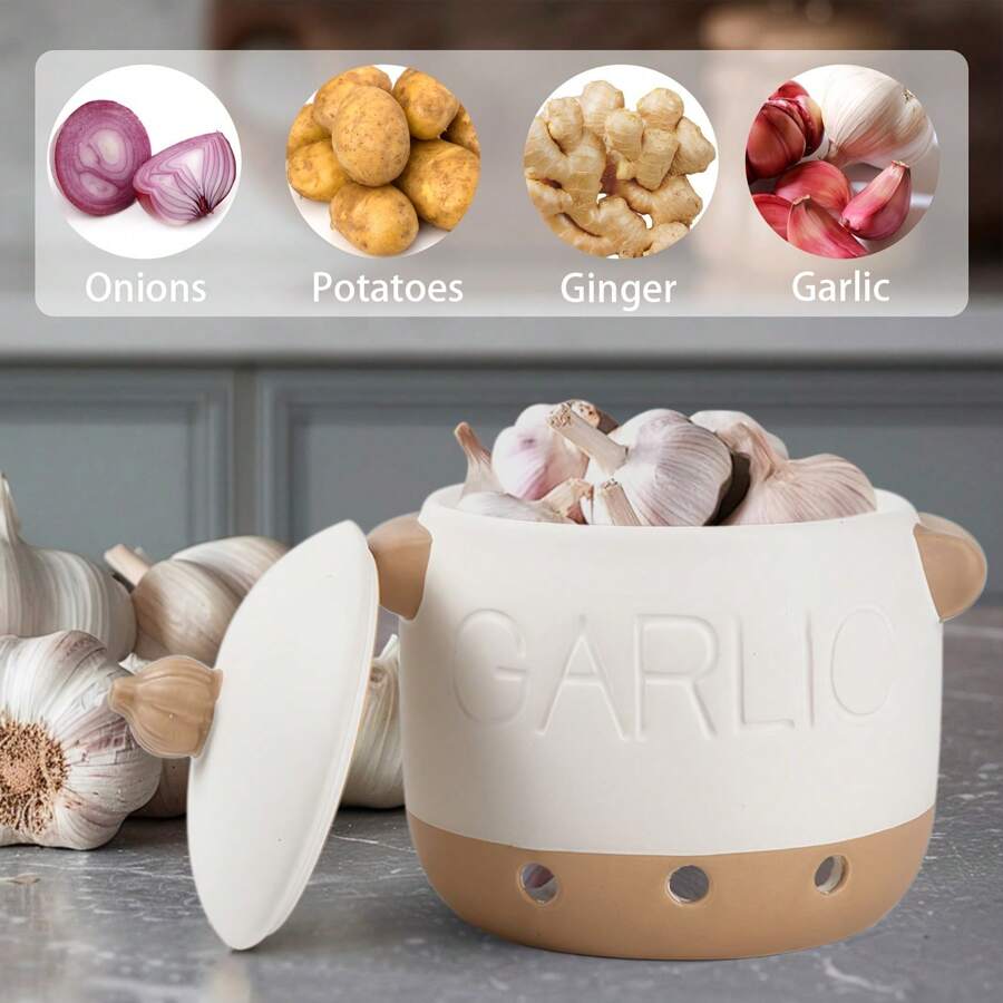 Ceramic Garlic Storage Container With Lid, Kitchen Countertop Garlic ...