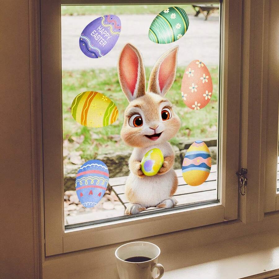 Easter Static Clings, Cartoon Bunny & Easter Egg Pattern, Static Clings For Windows, Holiday ...