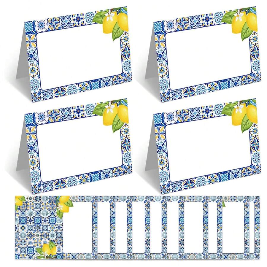 Capri Lemon Place Cards Lemon And Blue Tile Table Name Cards Tent Card ...