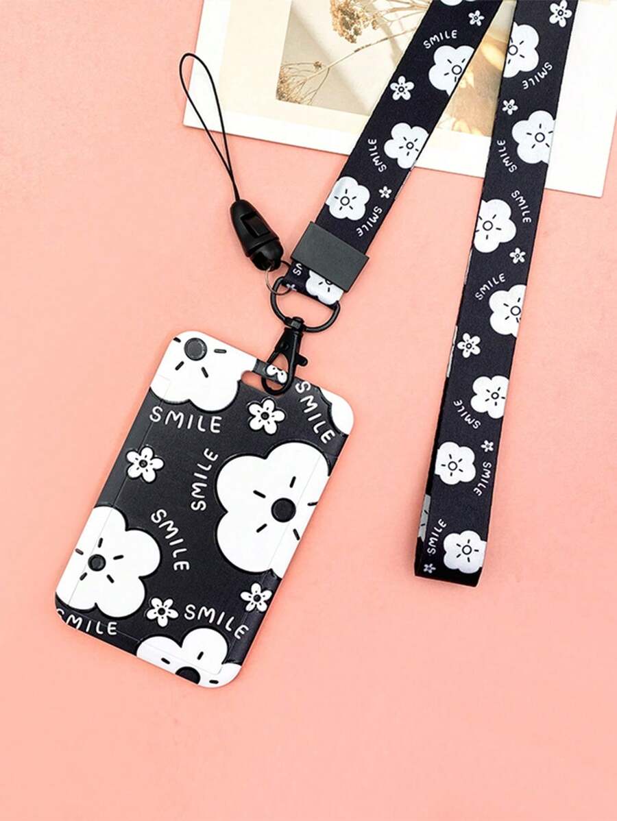 1pc Black & White Flower Lanyard ID Card Holder, Creative Slide Cover ...