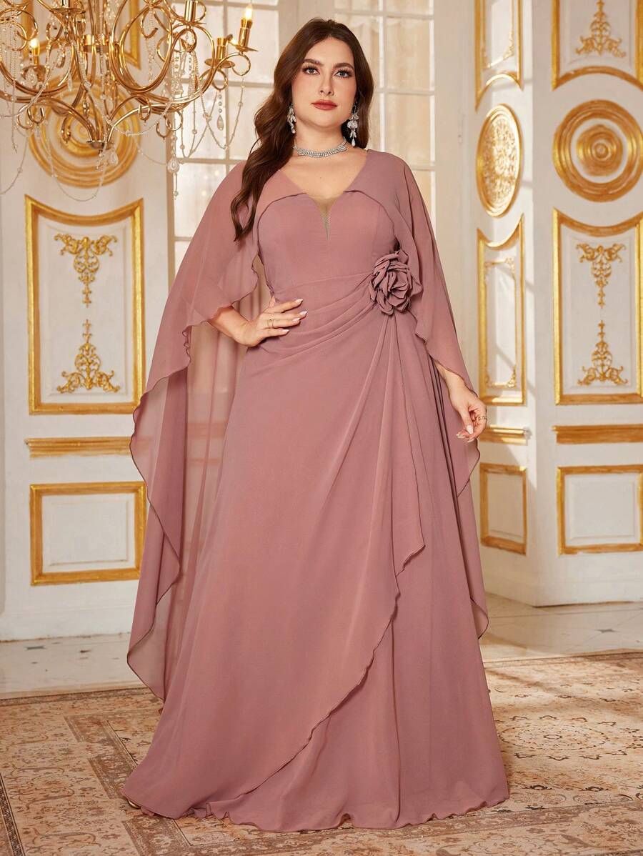SUPGIR Plus Capelet Sleeve 3D Flower Decor Hem Dress, Light Luxury Pink ...