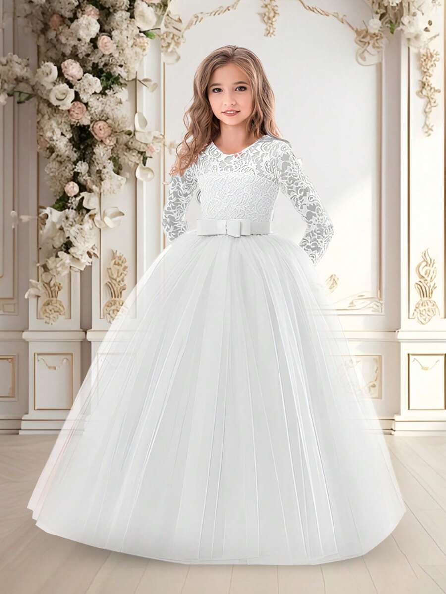 Tween Girls Lace Mid-Sleeve Bow Mesh Elegant Birthday Party Princess ...