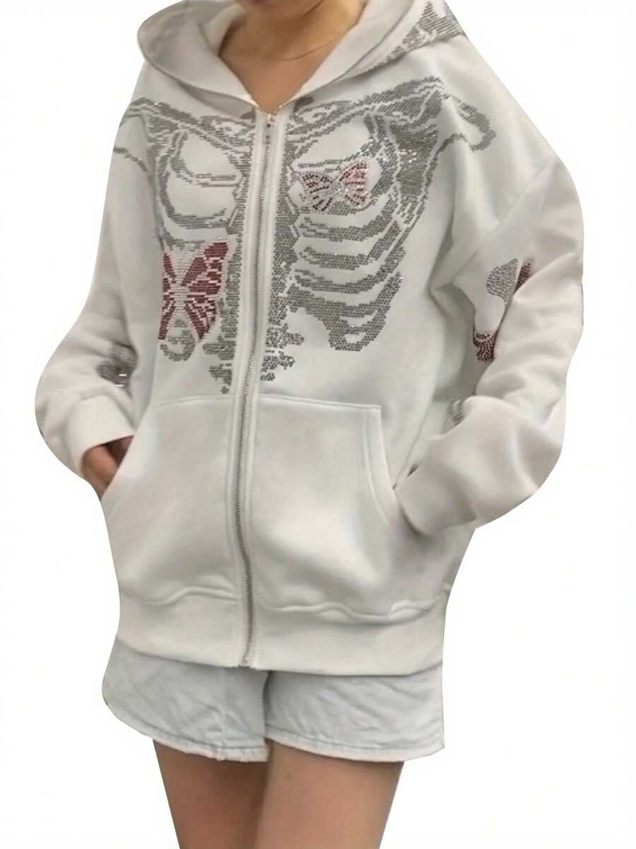 Women Y2k Skeleton Full Zip Up Hoodies Rhinestone Skull Graphic Print ...