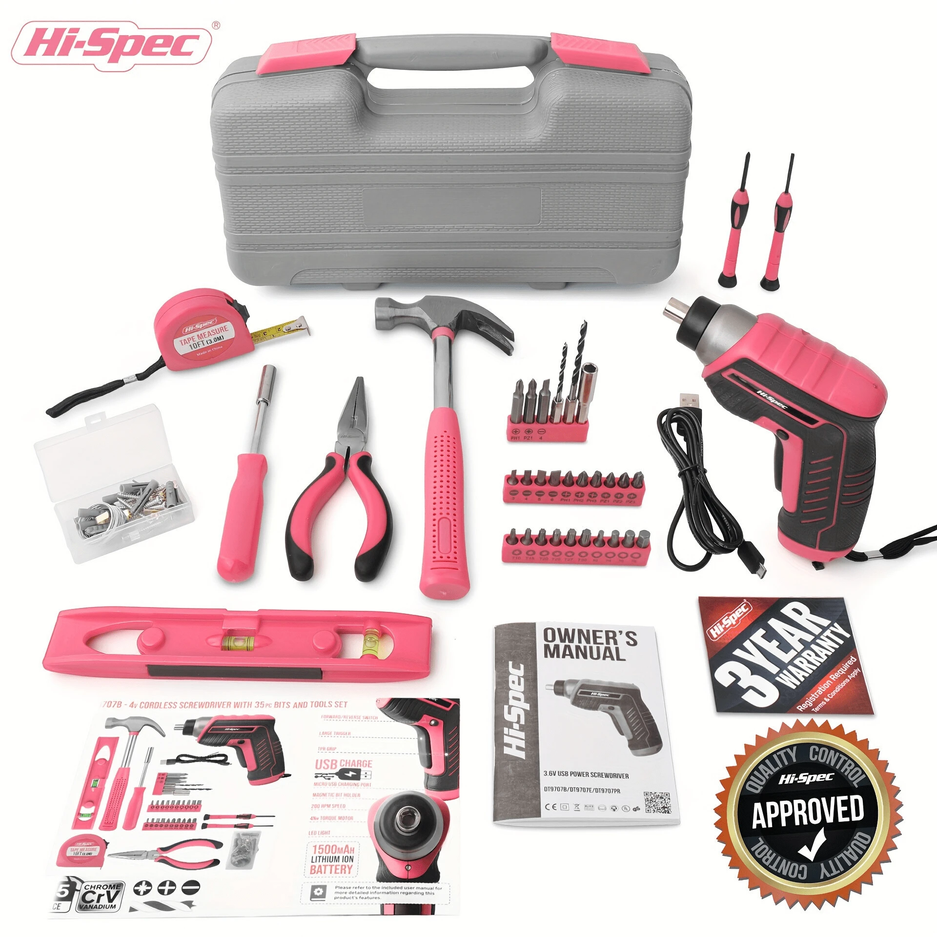 Hi-Spec 35pcs Pink Tool Kit With 3.6V USB Electric Screwdriver And Drill Set. Complete Women ...