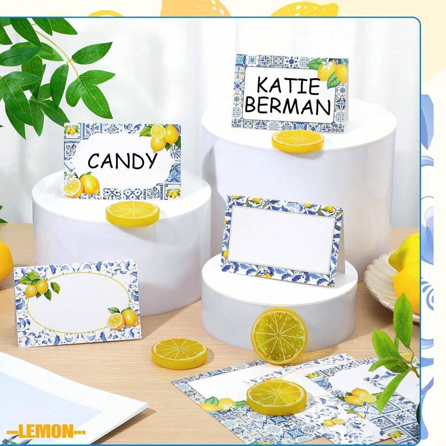 Capri Lemon Place Cards Lemon And Blue Tile Table Name Cards Tent Card ...