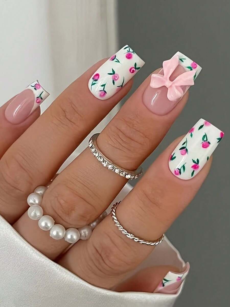 24pcs Pink Rose Bow Detachable Nail Art Tips, New 2025 Design | SHEIN UK