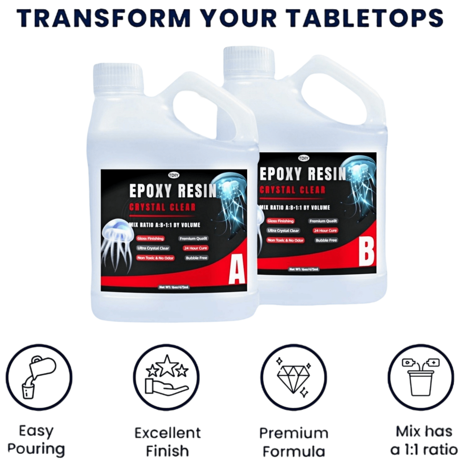 [32oz(2-Bottle Kit) Crystal Clear Epoxy Resin] Beginner-Friendly DIY ...