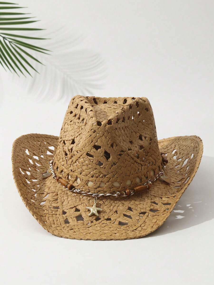 1pc Unisex Starfish Decor Hollow Out Straw Hat Cowgirl Hat Sun Hat ...
